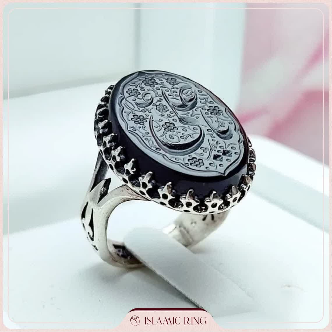 Handengraving Of " Ya Ali " On A Black Agate Silver Ring - EightShop